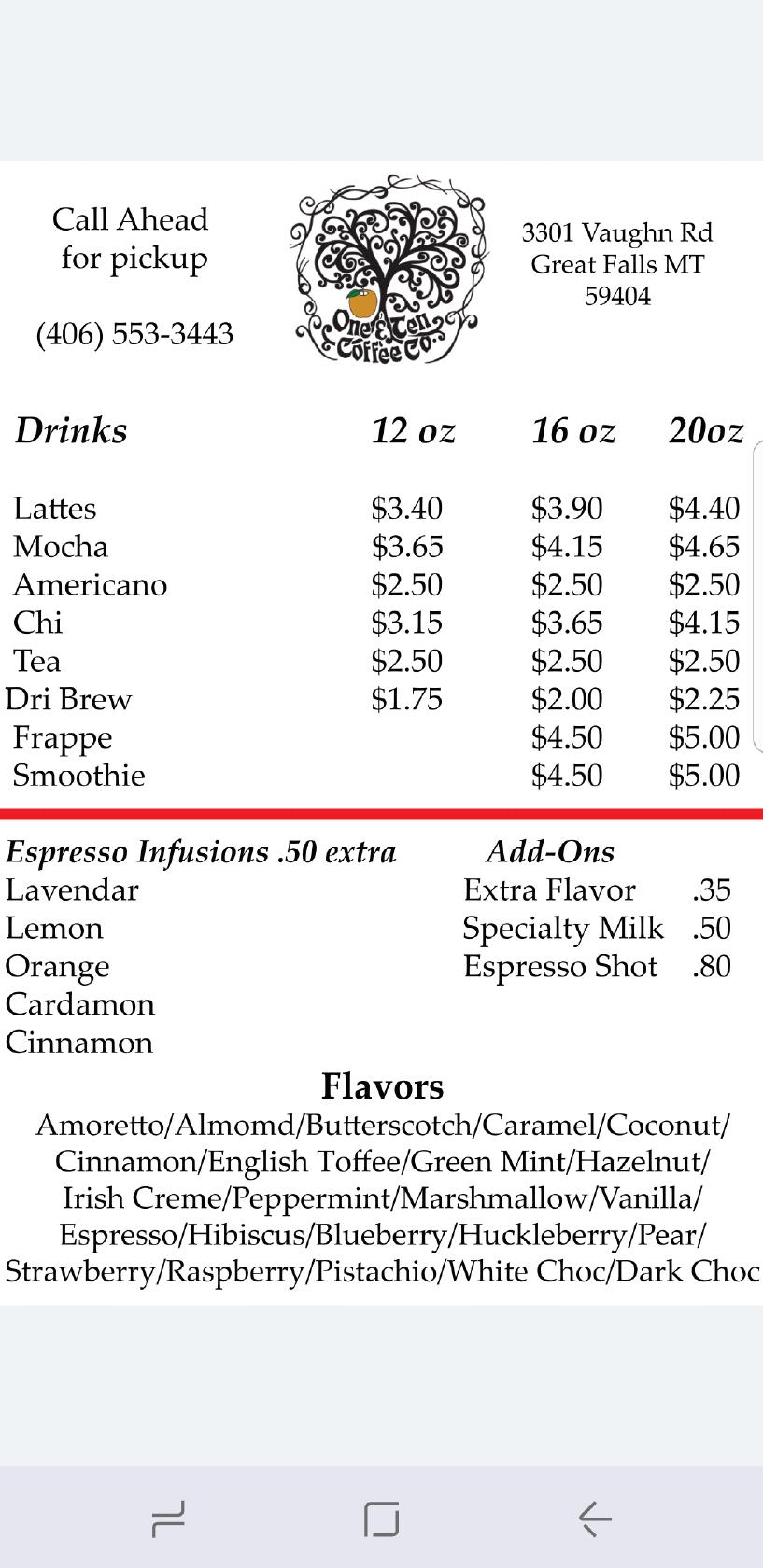 Menu at Caffeination Station and One & Ten Coffee pub & bar, Great Falls