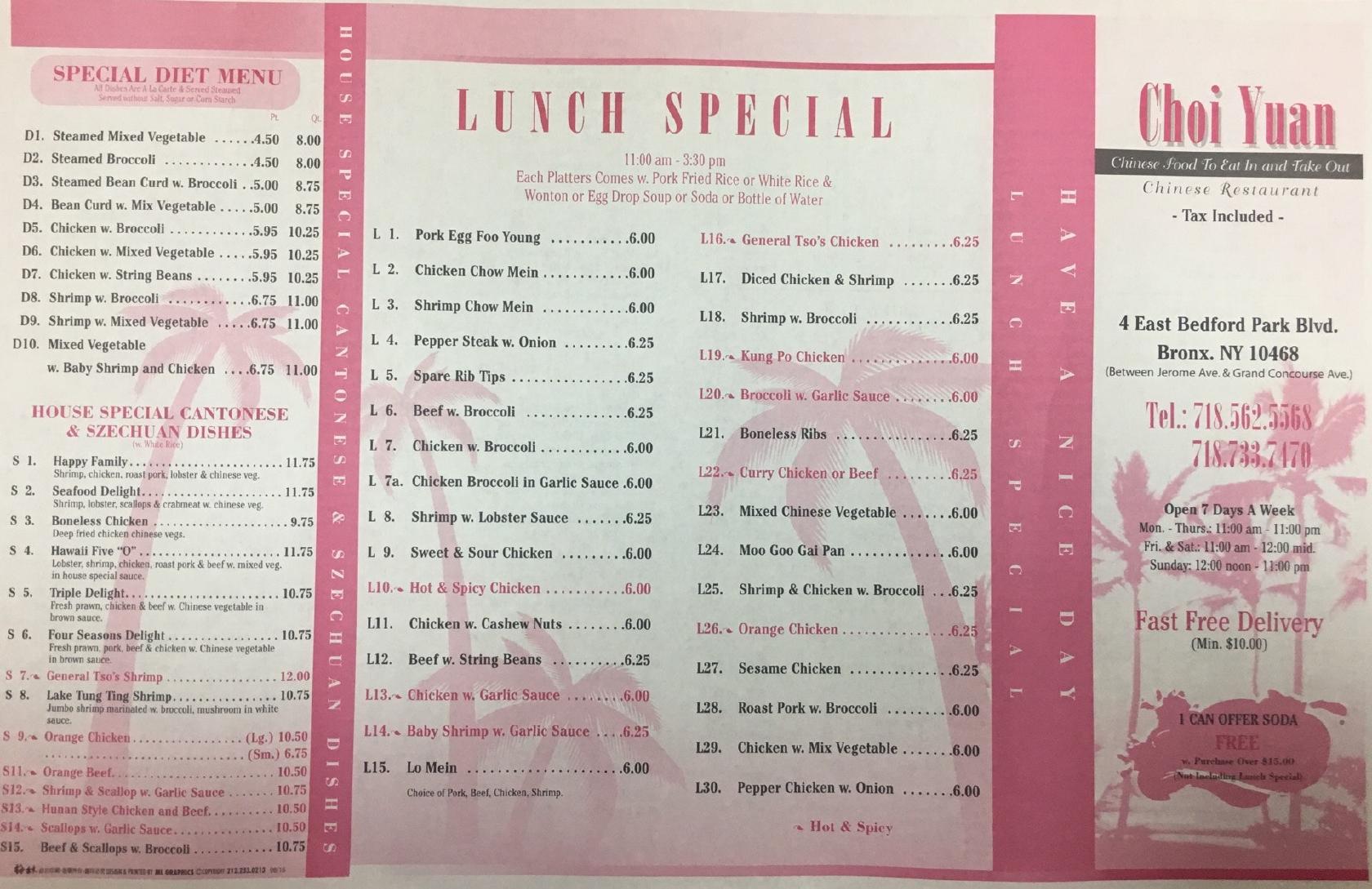 Menu at Choi Yuan restaurant, Yonkers