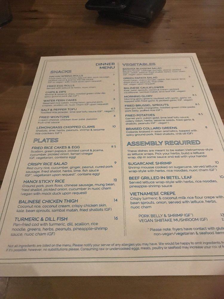 Menu at Hai Hai restaurant, Minneapolis