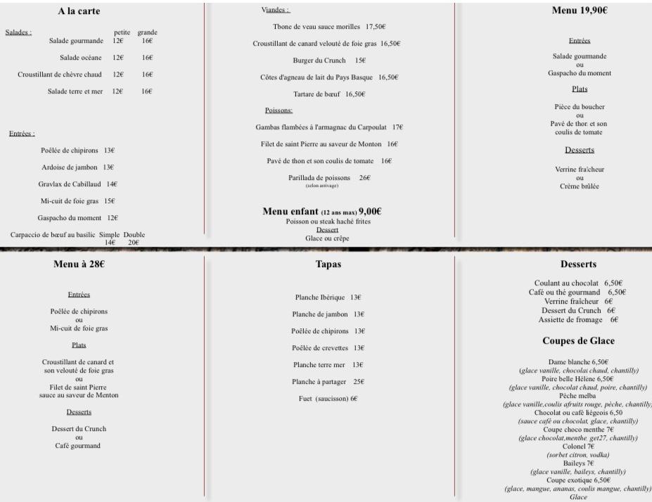 Menu at Le Crunch pub & bar, Dax