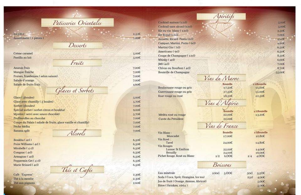 Menu au Le Palais du Maroc. restaurant, Créteil