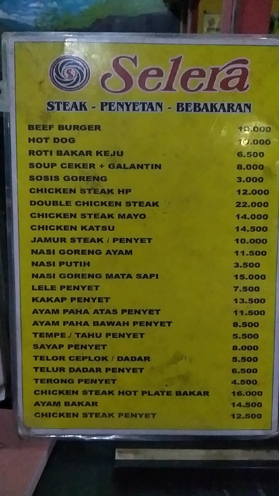 Menu at Selera Steak & Penyetan, Grogol
