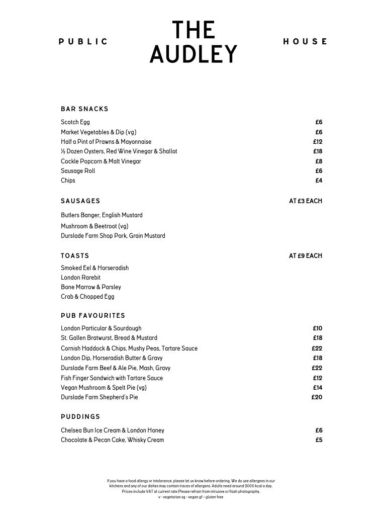 Menu at The Audley Public House, London