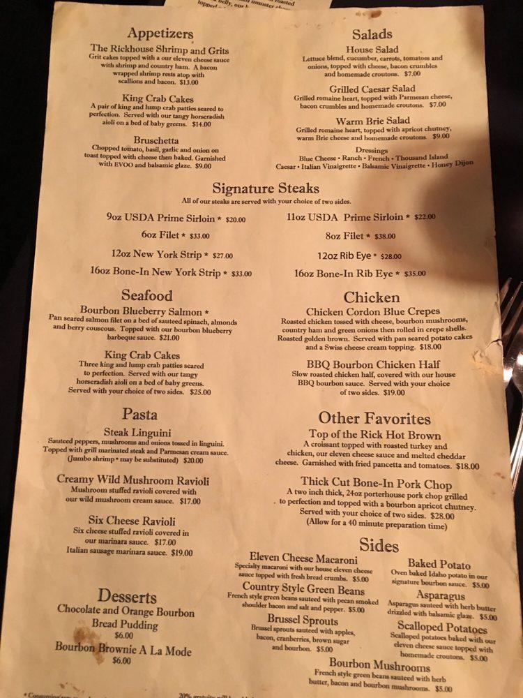 Menu at The Rickhouse steakhouse, Bardstown, Spalding Hall