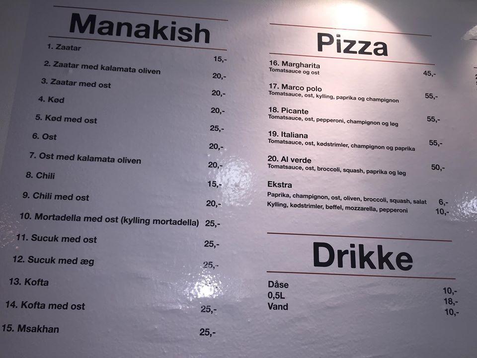 Menu at Zeit & Zaatar pizzeria, Copenhagen