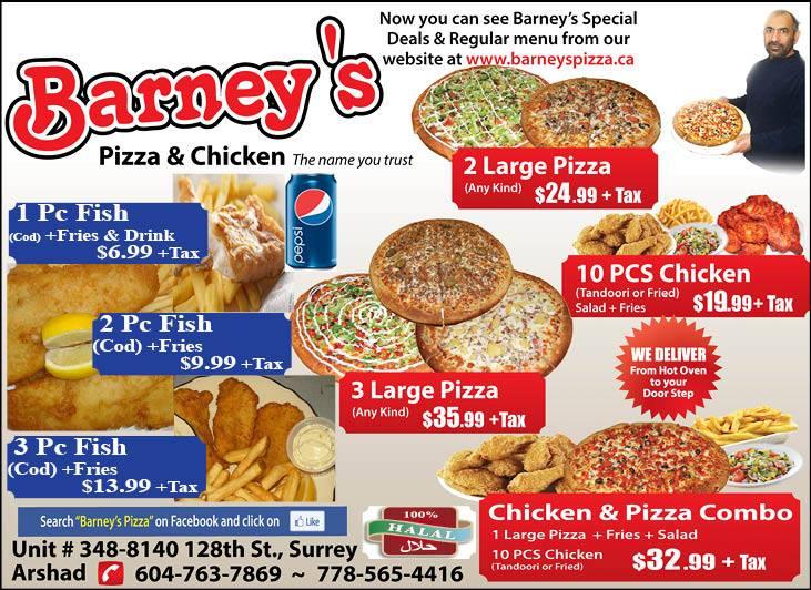 Menu at Barney's pizza, Surrey