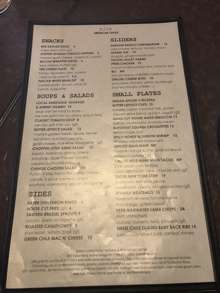 Menu at Bite Restaurant, Incline Village