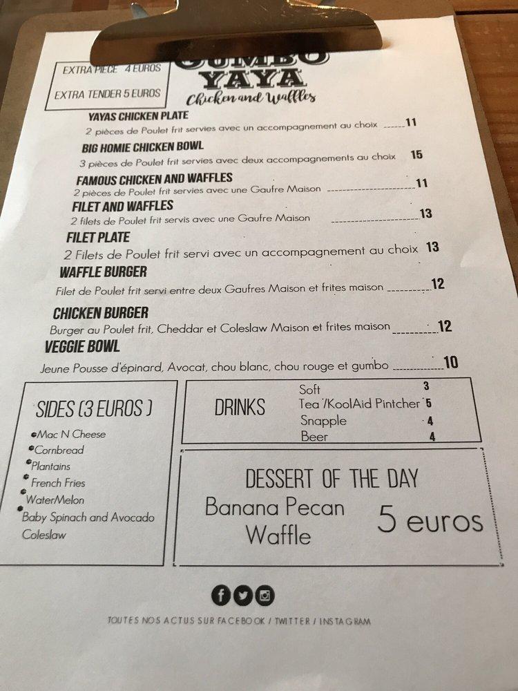Menu au Gumbo Yaya Chicken and Waffles restaurant, Paris