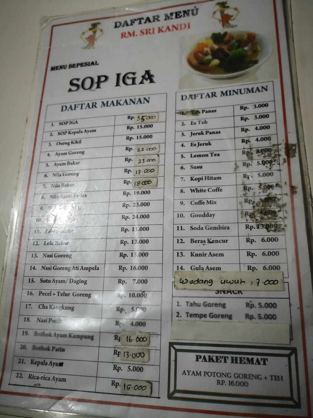 Menu at Rumah Makan Srikandi restaurant, Gabugan