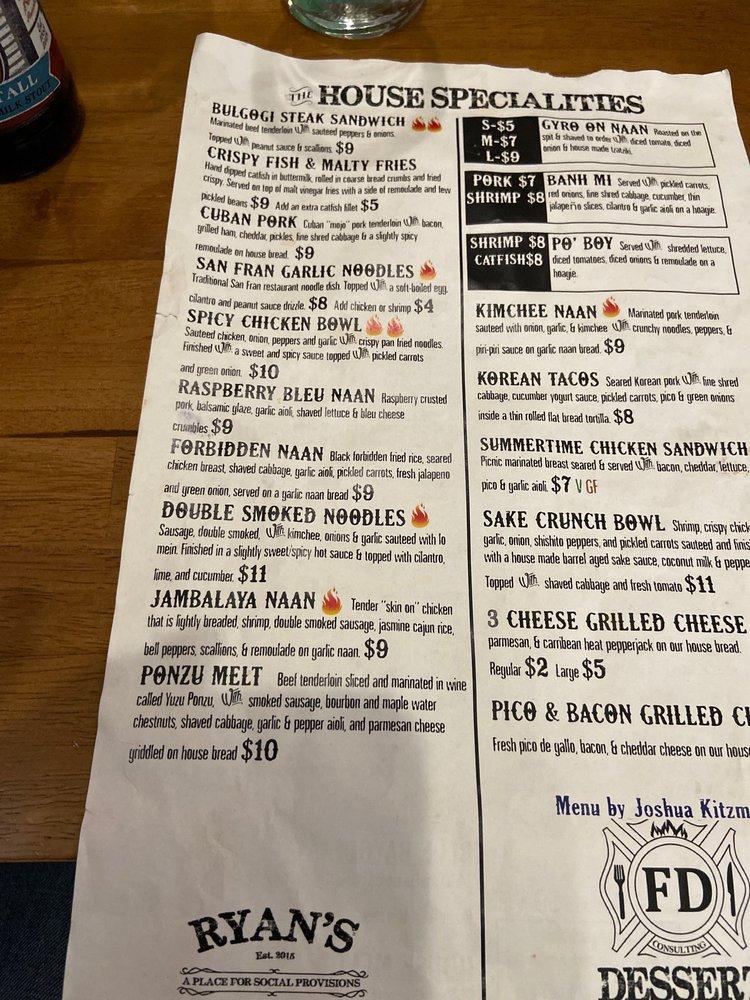 Menu at Ryan's On York pub & bar, Manitowoc