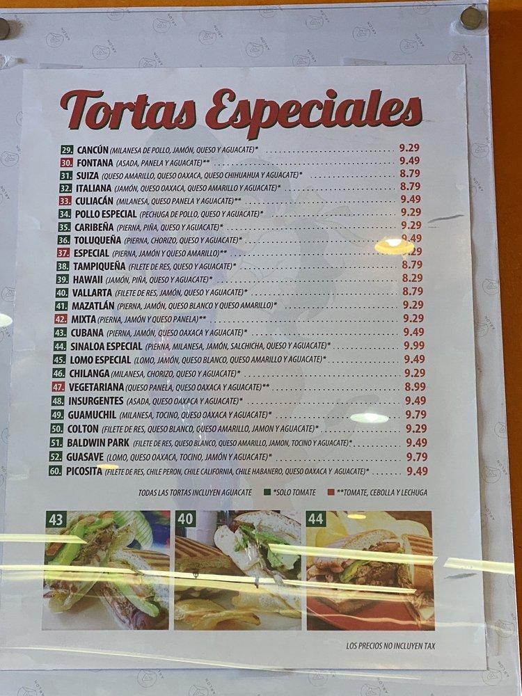 Menu at Tortas Sinaloa restaurant, Baldwin Park