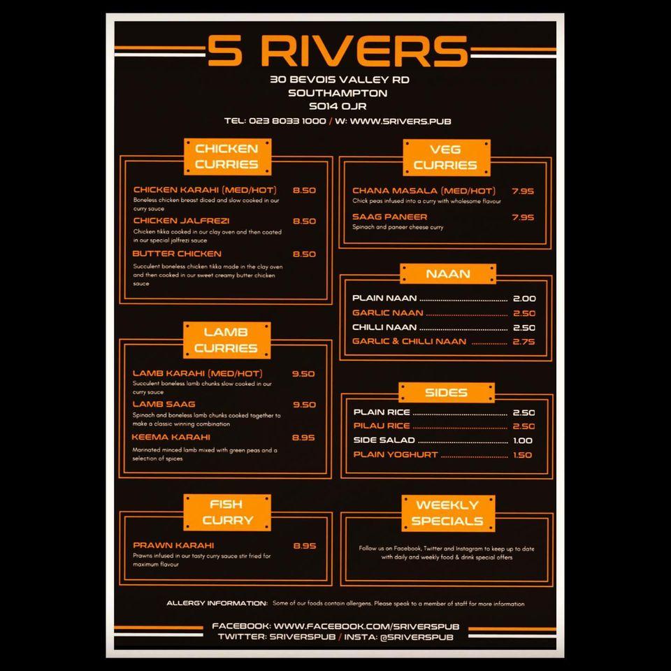 Menu at 5 Rivers Sport Bar & Grill, Southampton