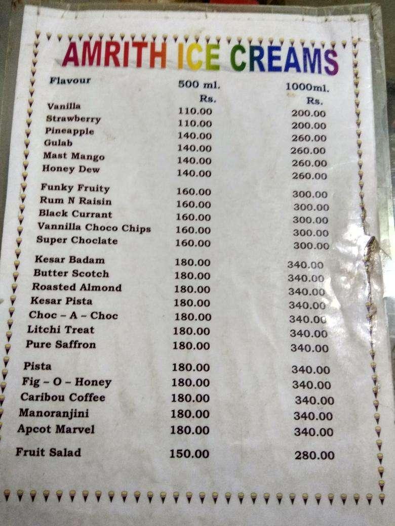 Menu at Amrith Ice Cream, Bengaluru