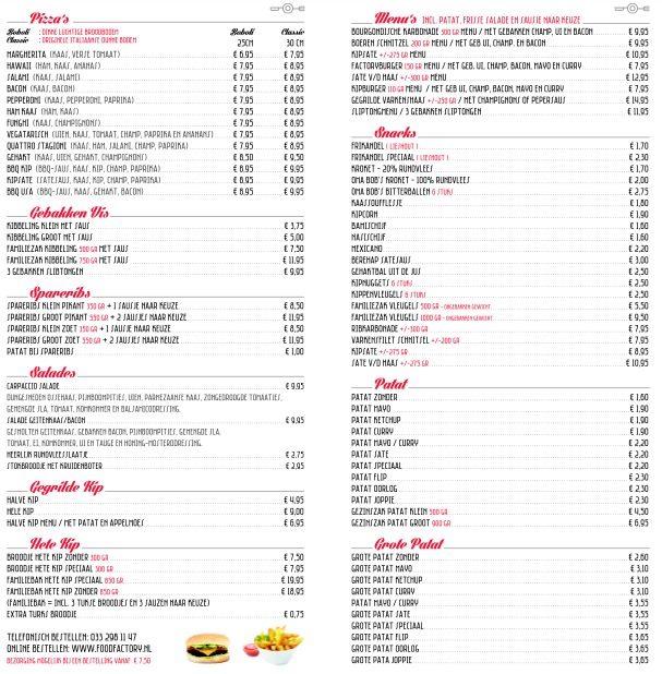 Menu at Food Factory, Bunschoten-Spakenburg