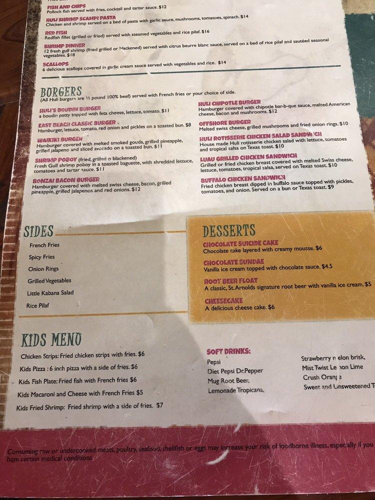 Menu at Huli Huli Hut restaurant, Galveston