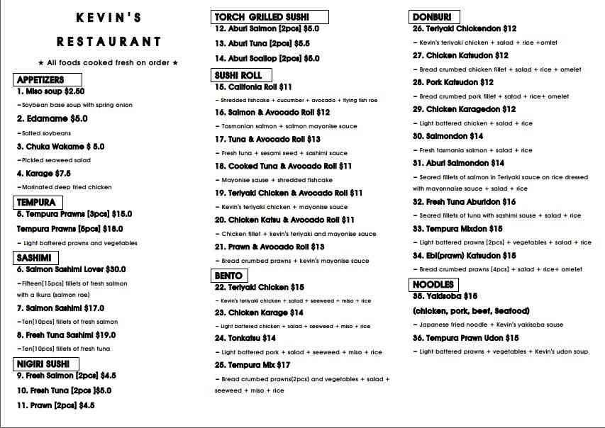 Menu at Kevin's restaurant buffet. -All you can eat-, Bundaberg Central
