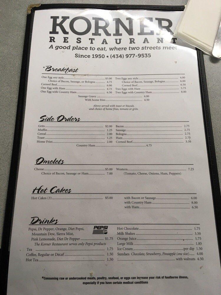 Menu at Korner Restaurant & Catering, Charlottesville, 415 Roosevelt ...