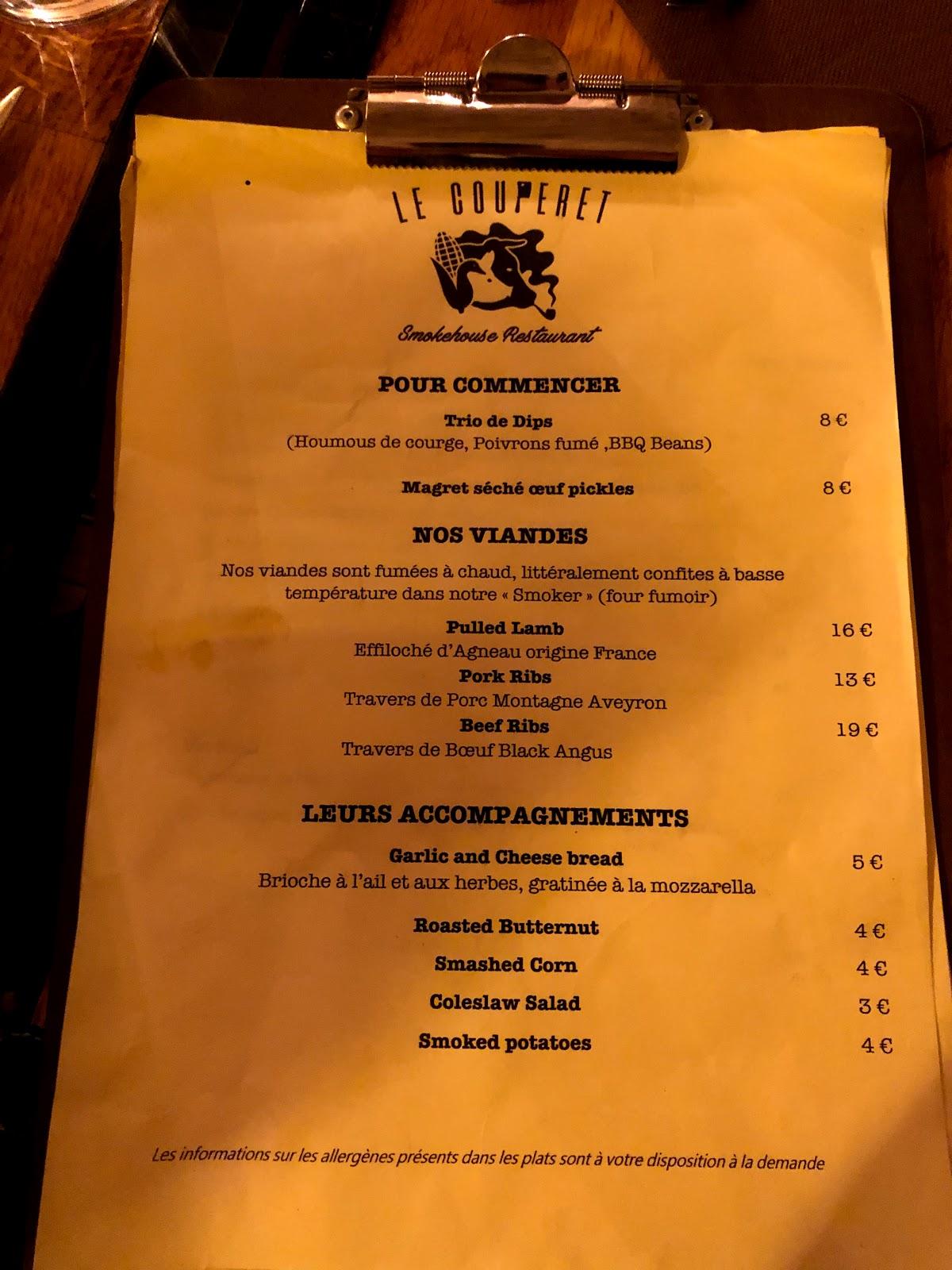 Menu at Le Couperet Bar & Restaurant Smokehouse Montpellier, Montpellier