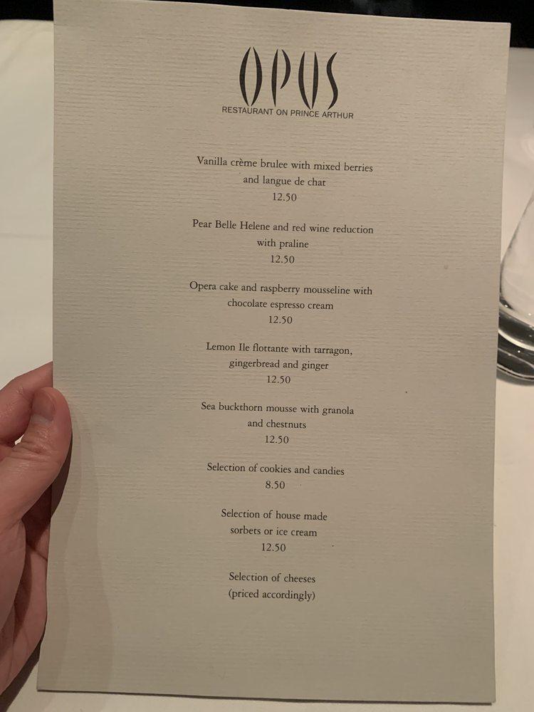 Menu at Opus Restaurant, Toronto