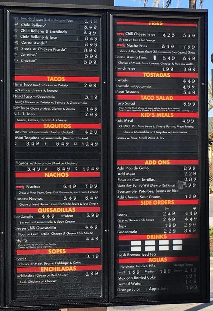 Menu at Pepes finest Mexican food restaurant, Hawaiian Gardens