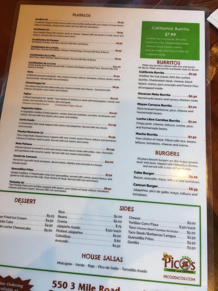 Menu at Pico's Tacos and Cerveza restaurant, Racine