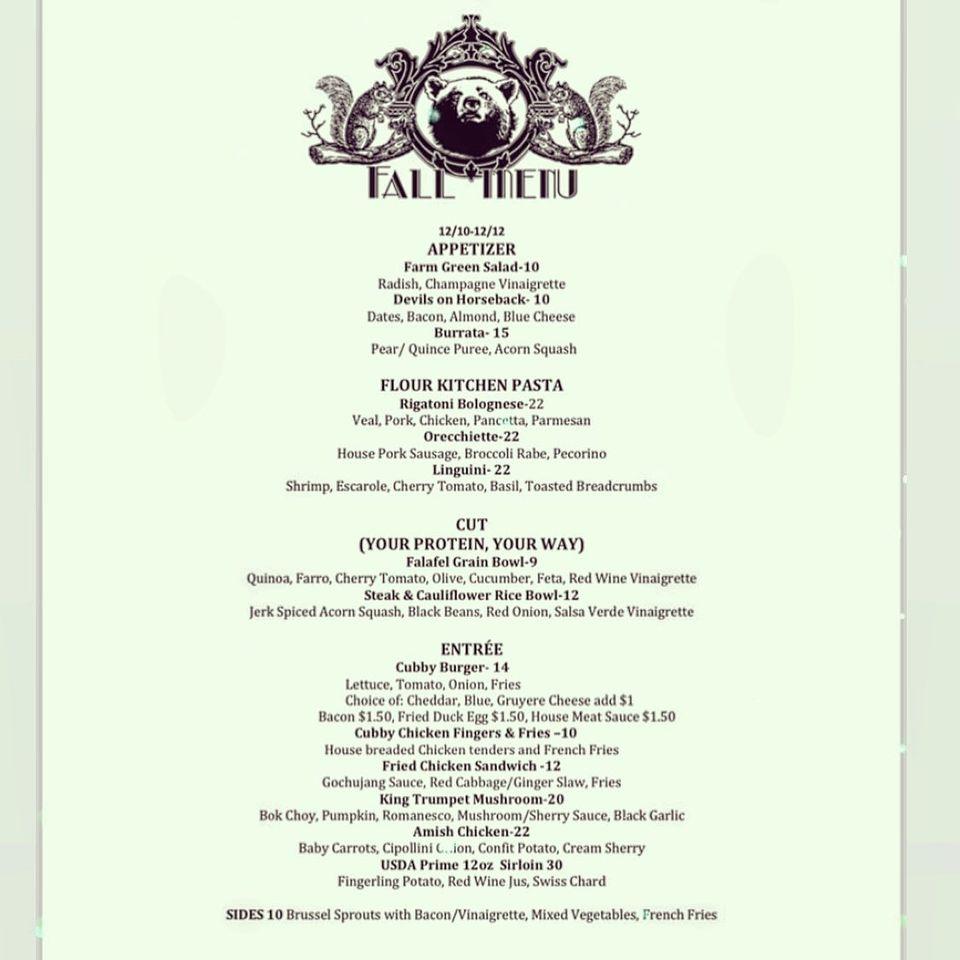 Menu at The Cub Room restaurant, Rochester