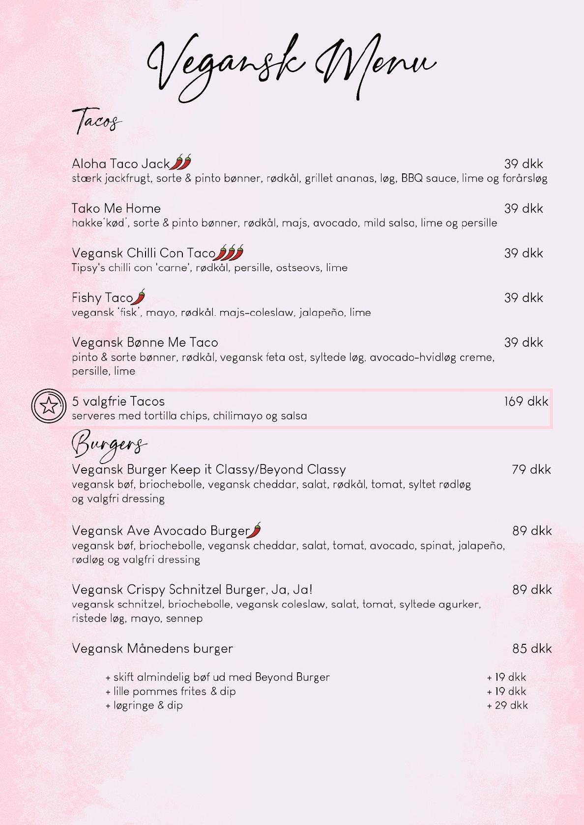 Menu at Tipsy restaurant, Aarhus