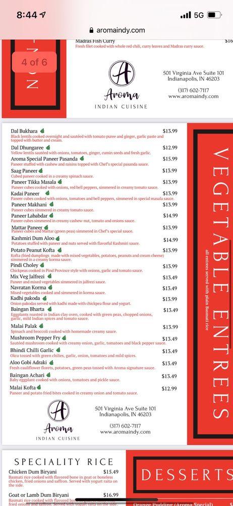 Menu at Aroma Indian Cuisine & Bar, Indianapolis, 501 Virginia Ave
