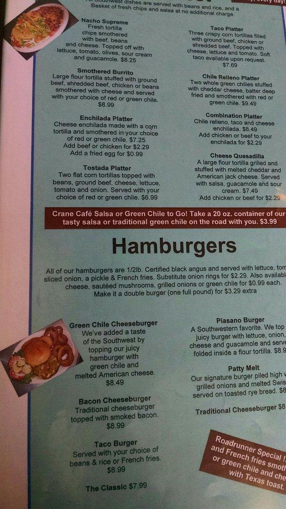 Menu at Crane Cafe, Lemitar
