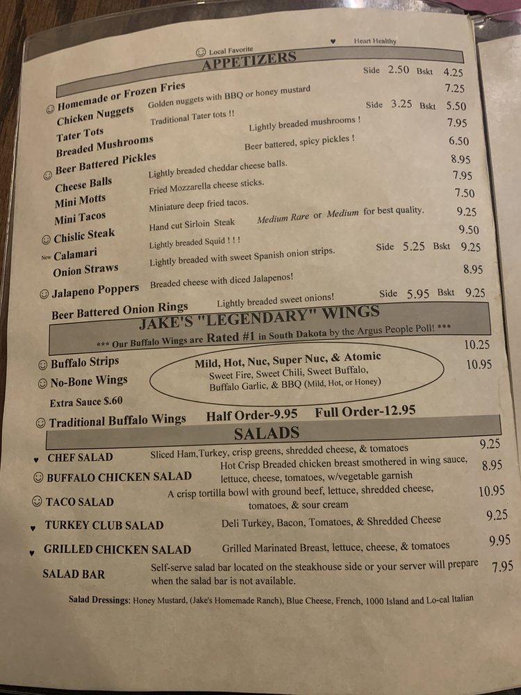 Menu at Jake's Good Times Place pub & bar, Pierre