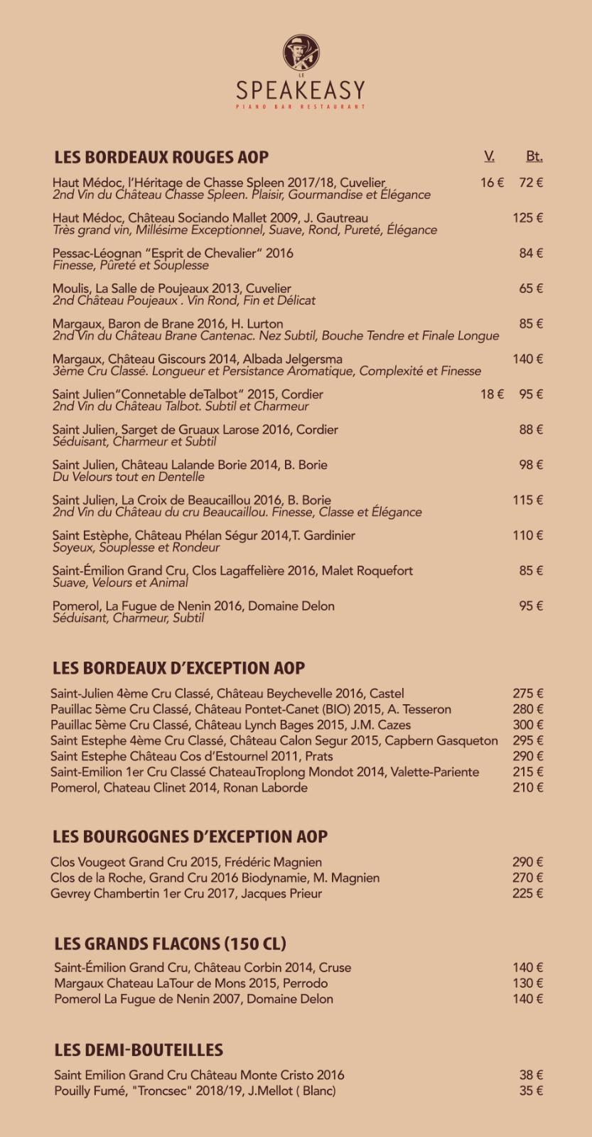 Menu at Le Speakeasy Cannes restaurant, Cannes