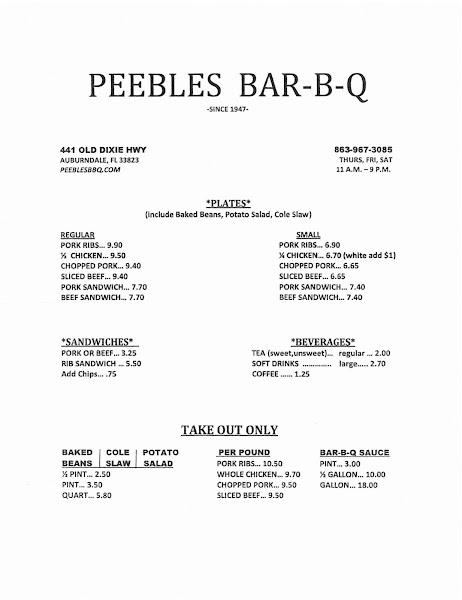 Menu at Peebles Bar-B-Q, Auburndale