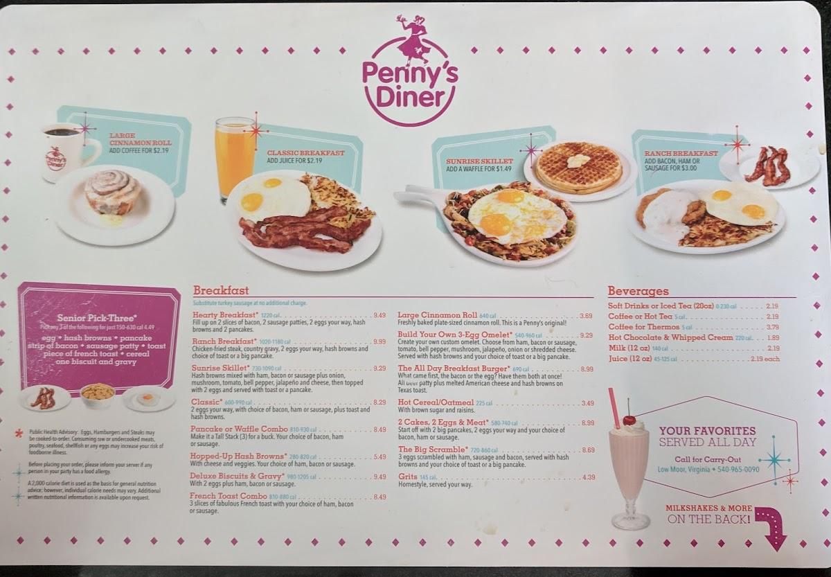 Menu at Penny's Diner restaurant, Low Moor