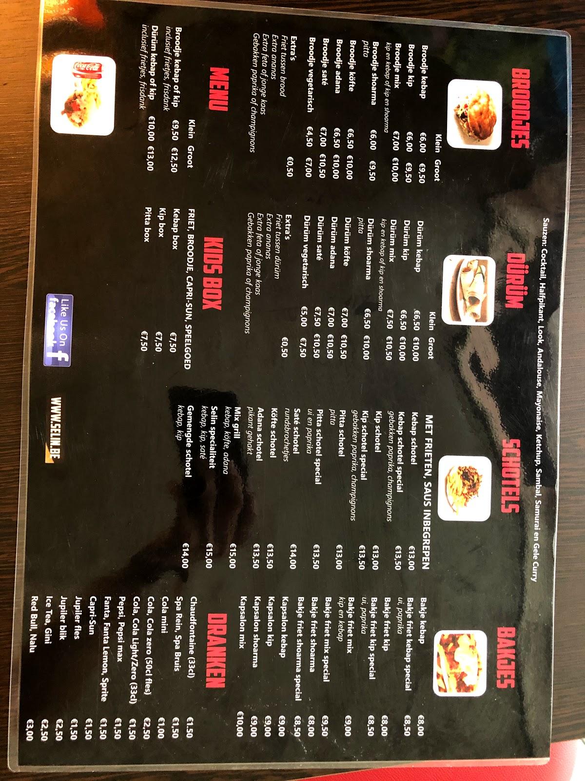 Menu at Pizzeria Kebap Selin, Zoutleeuw