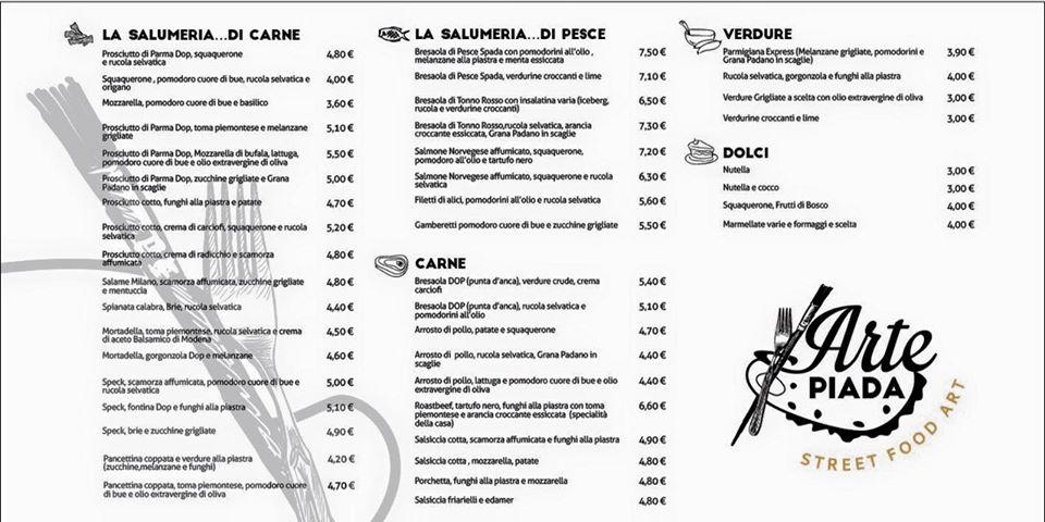 Menu da arte piada street food Art ristorante, Torino