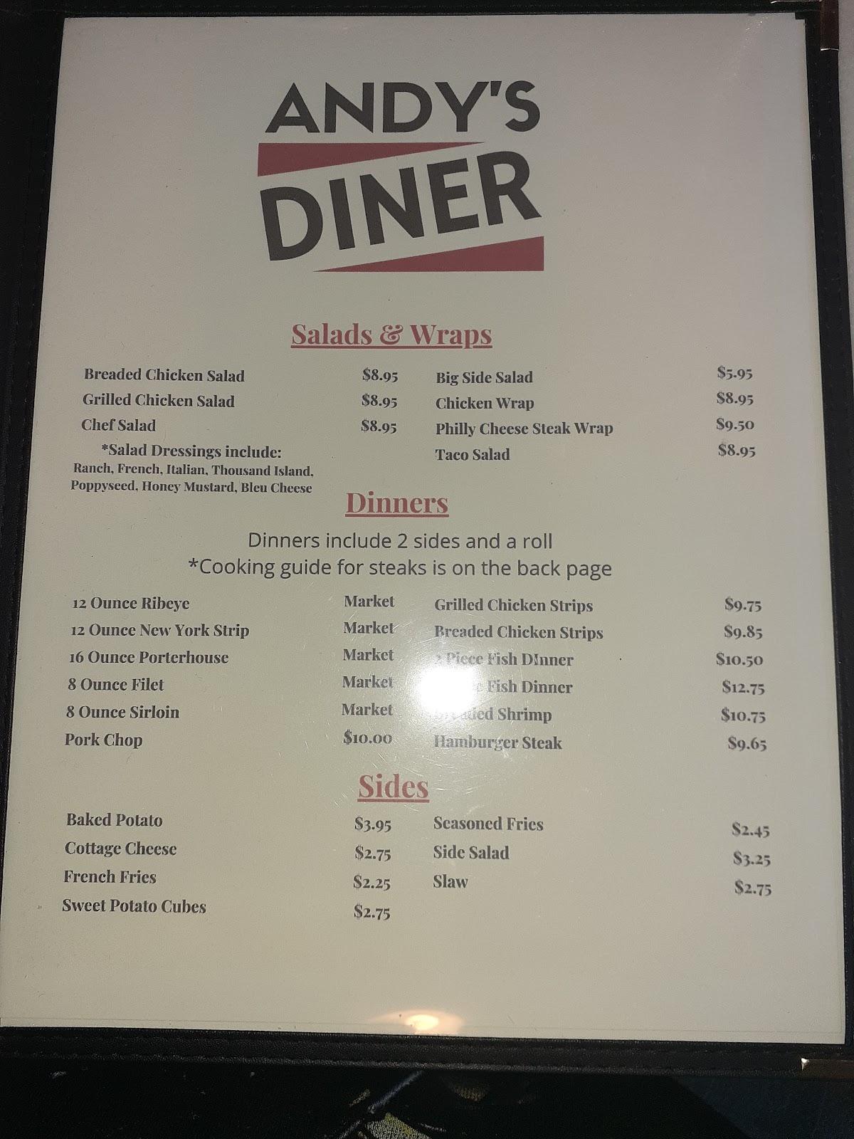 Menu at Andy's Diner restaurant, Elwood