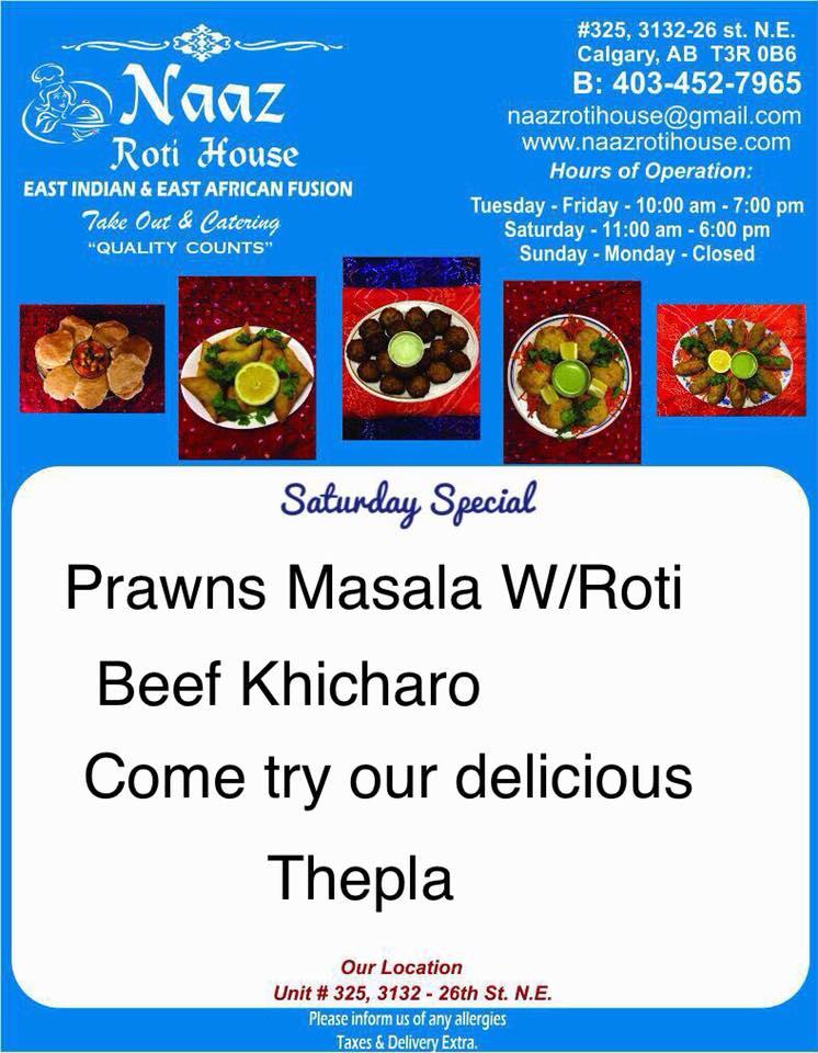 Menu at Naaz Roti House restaurant, Calgary