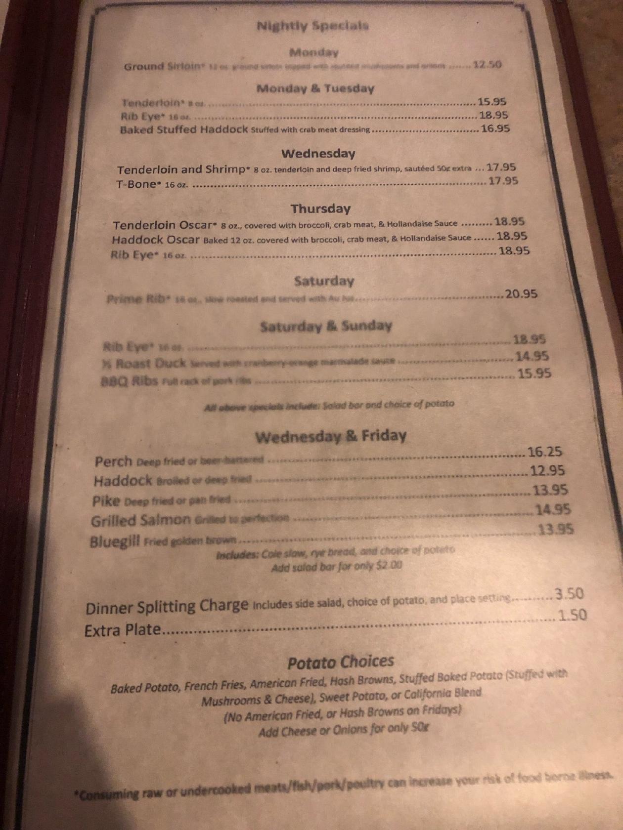 Menu at Out-O-Town Supper Club, Kaukauna