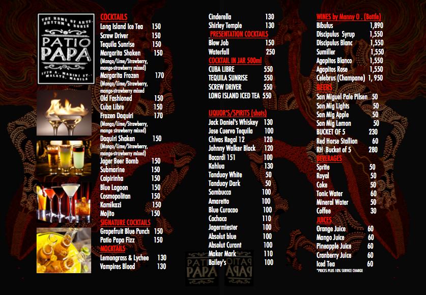 Menu at Patio Papa Acoustic Bar, Manila