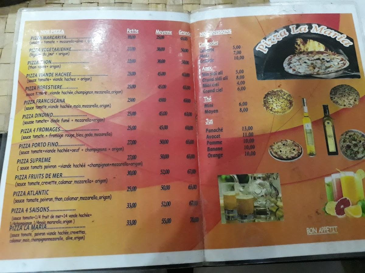 Menu at Pizza La Maria restaurant, Agadir