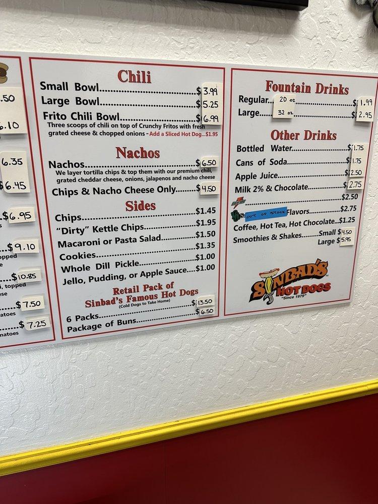 Menu at Sinbad's Hot Dogs restaurant, Sparks