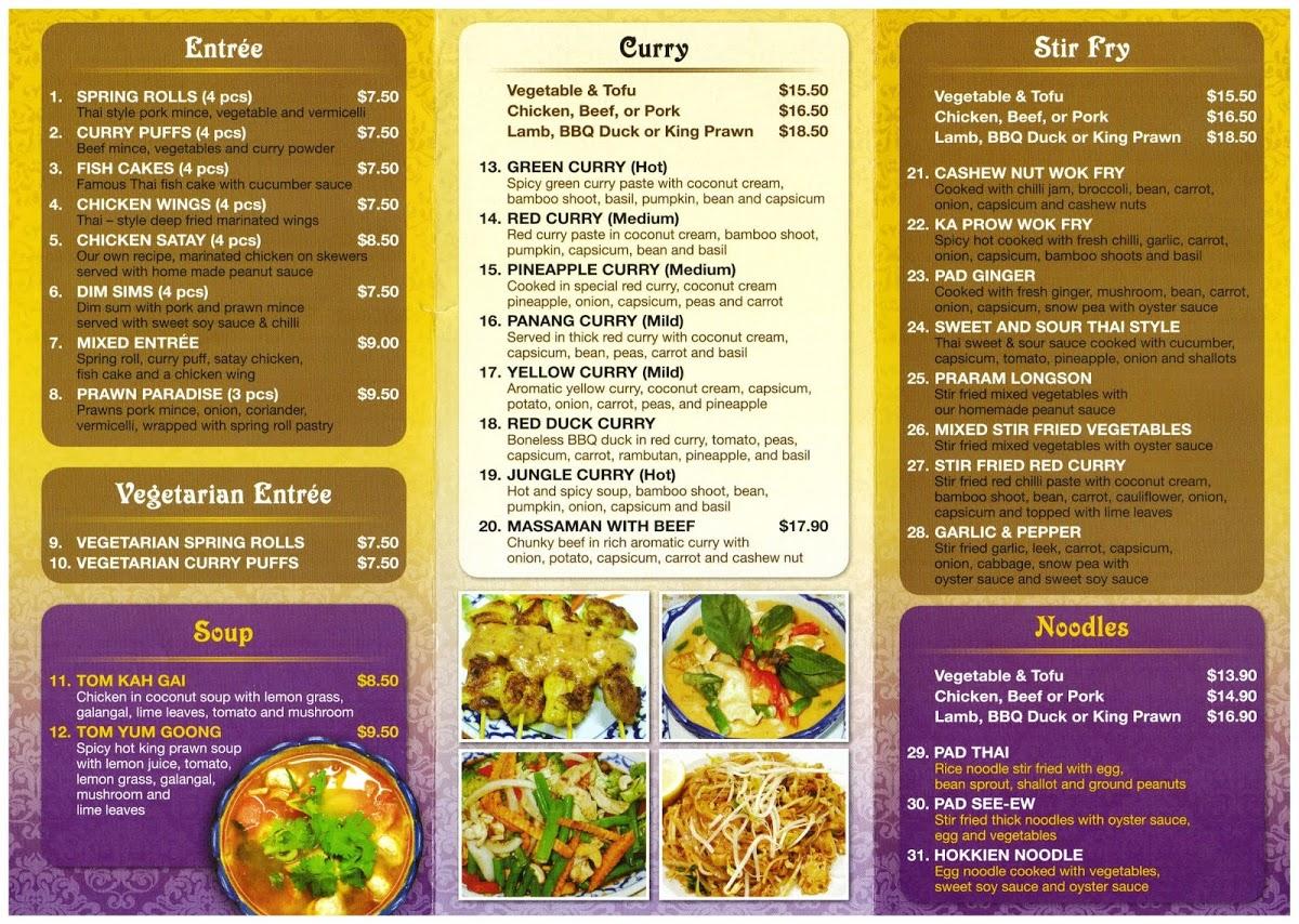Menu at Sulee Thai restaurant, Rutherford