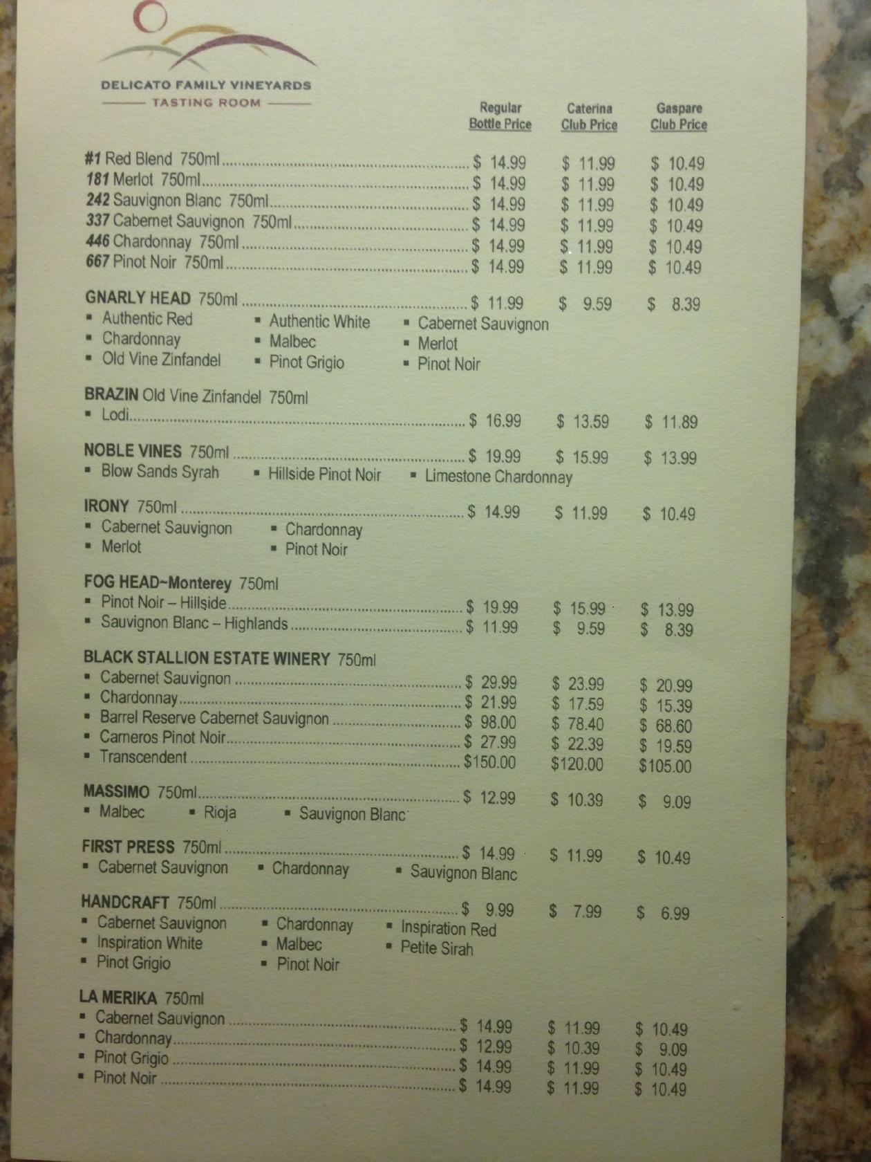 Menu at Delicato Vineyards & Tasting Room, Manteca