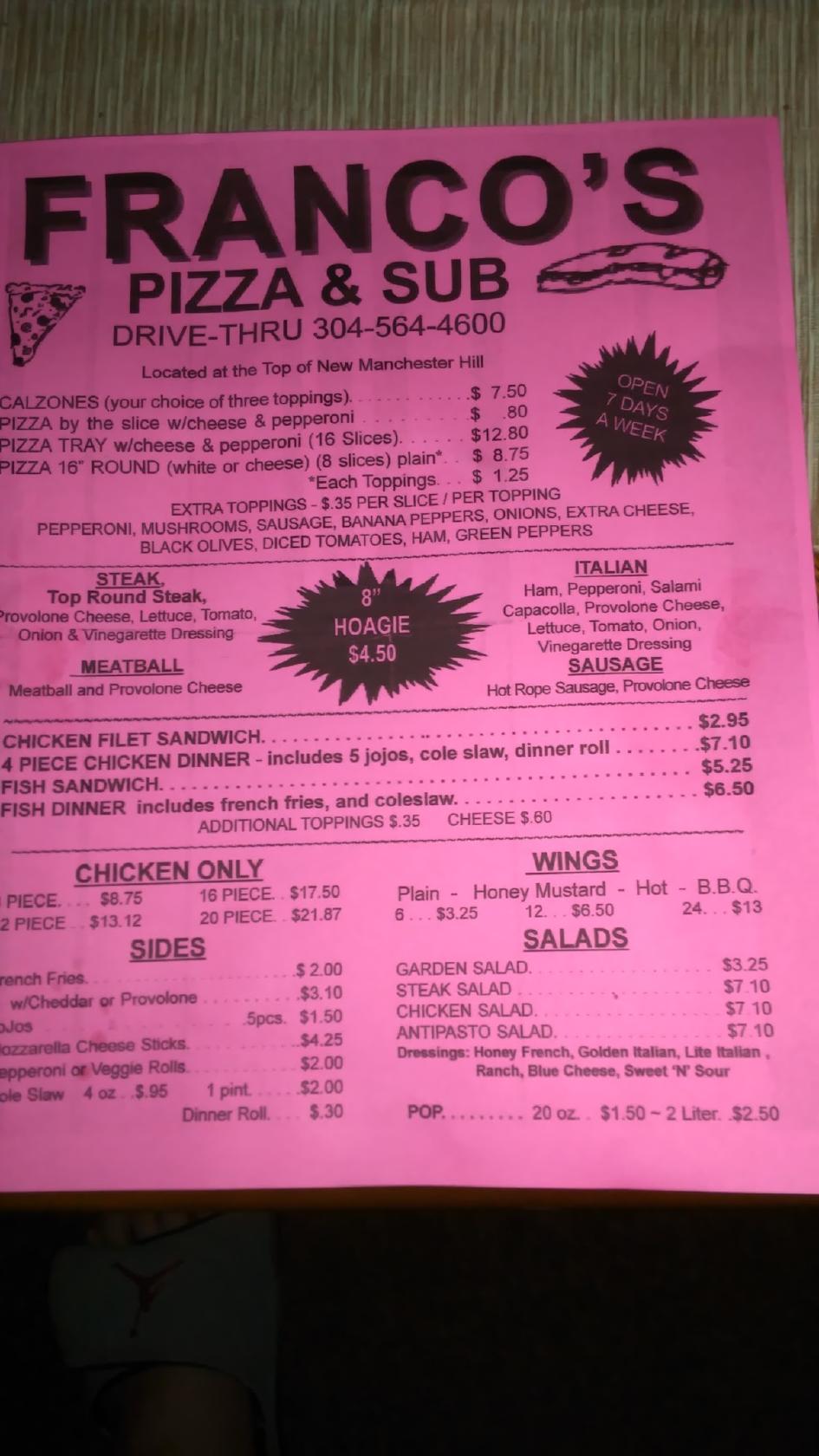 Menu at Franco's Pizza & Sub restaurant, New Manchester