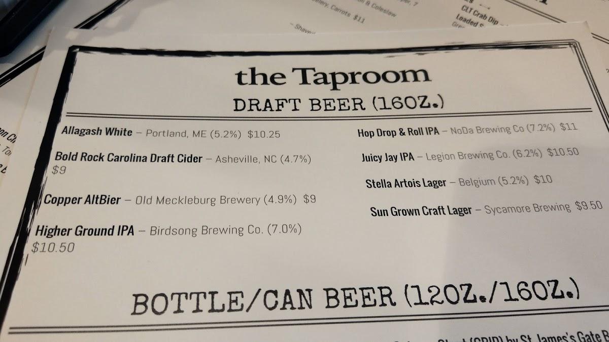 Menu at the Taproom pub & bar, Charlotte