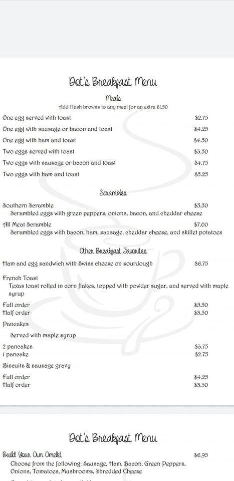 Menu at Dot's cafe, Vincennes