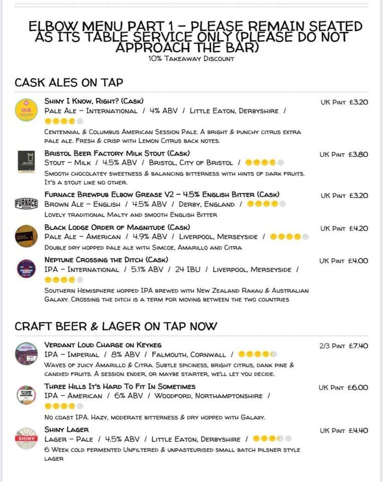 Menu at Elbow Room pub & bar, Hinckley