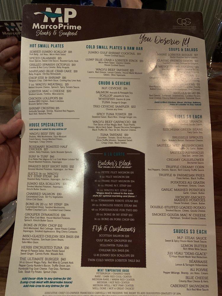 Menu at Marco Prime Steak & Seafood Restaurant, Marco Island