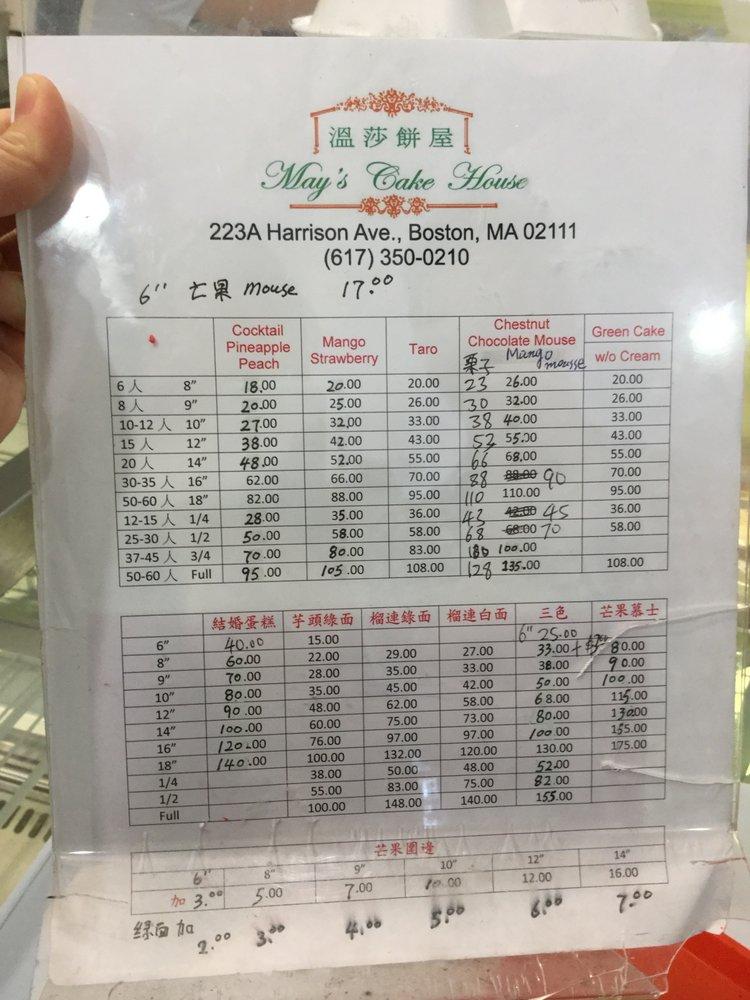 Menu at May's Cake House restaurant, Boston