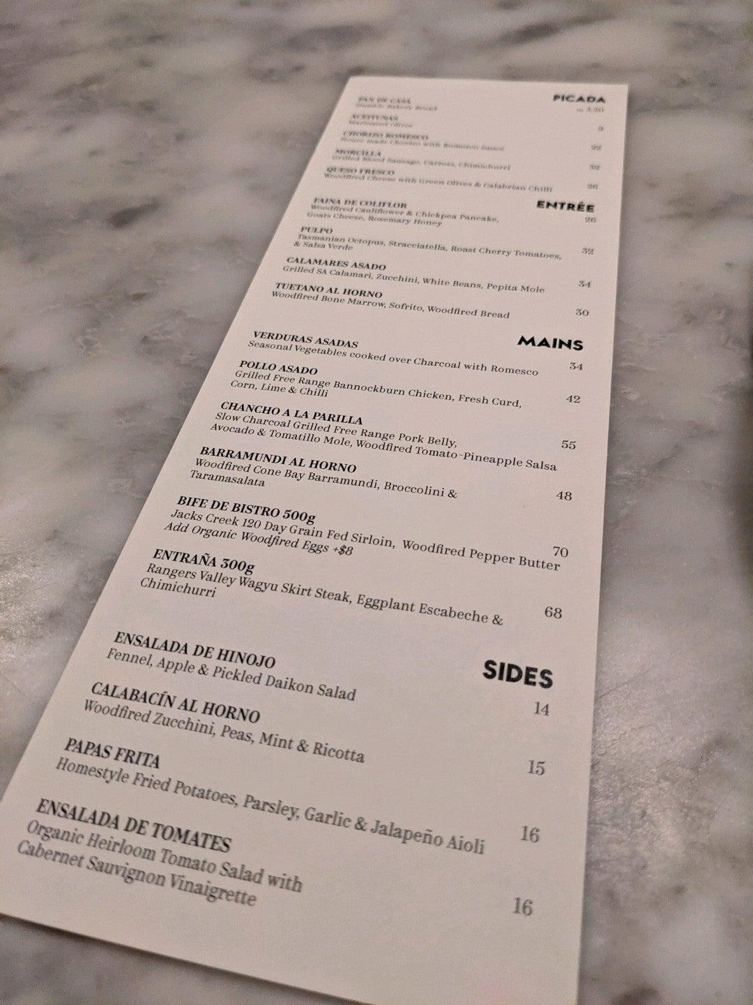 Menu at Porteño restaurant, Surry Hills, 50 Holt St